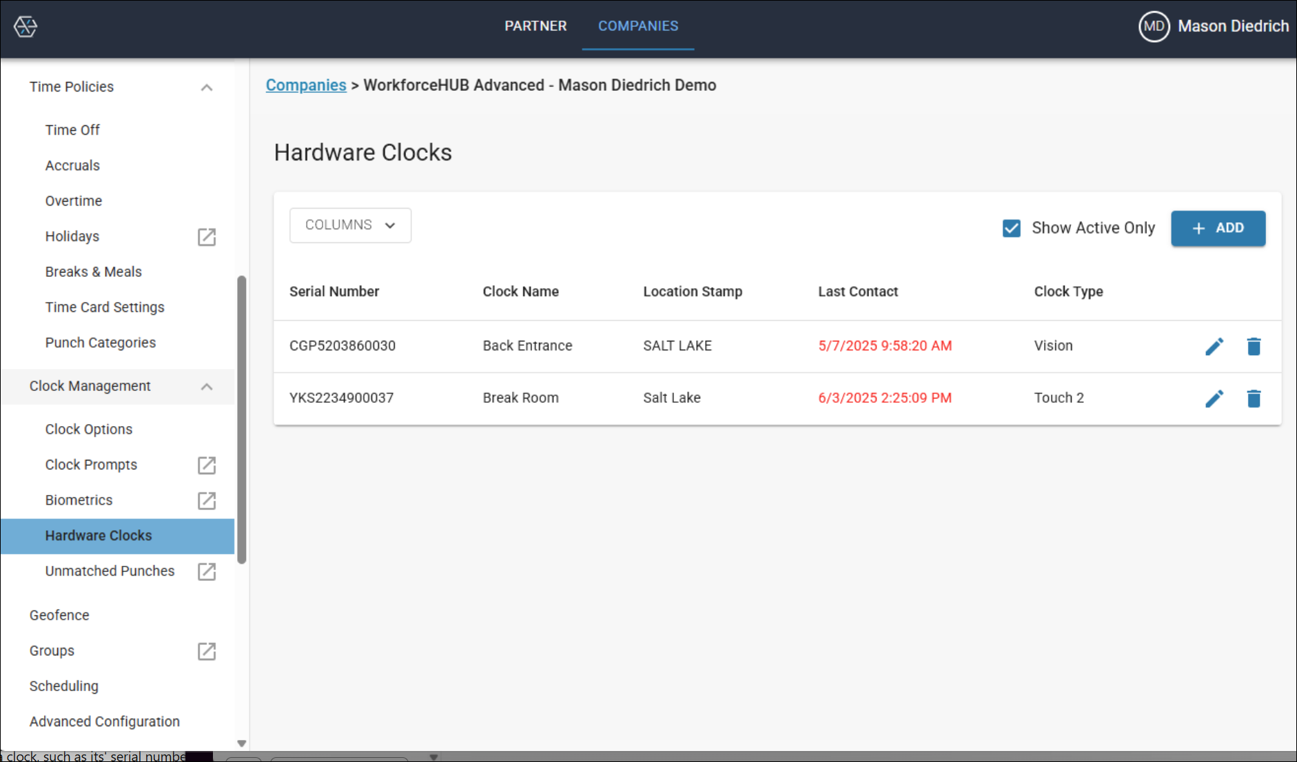 Hardware Clocks Page - Provider View